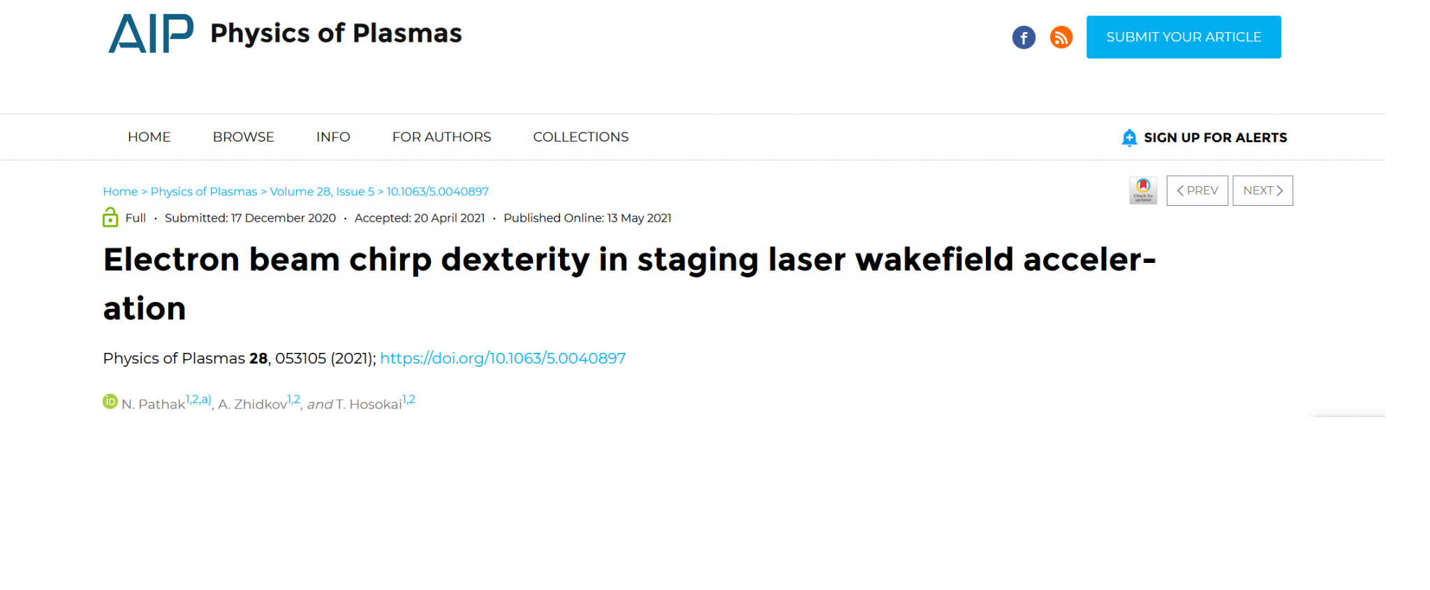 Naveen Pathak 特任助教の論文 Physics of Plasmaに掲載 – Department of Quantum Beam ...